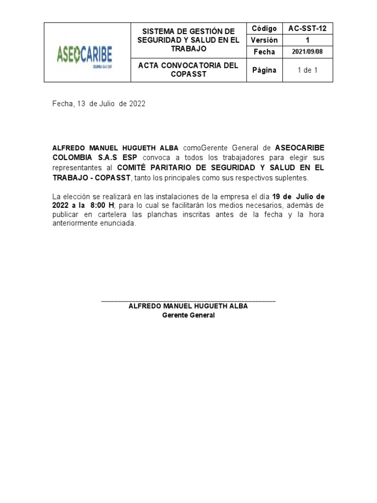12-Acta de Convocatoria Del Copasst | PDF