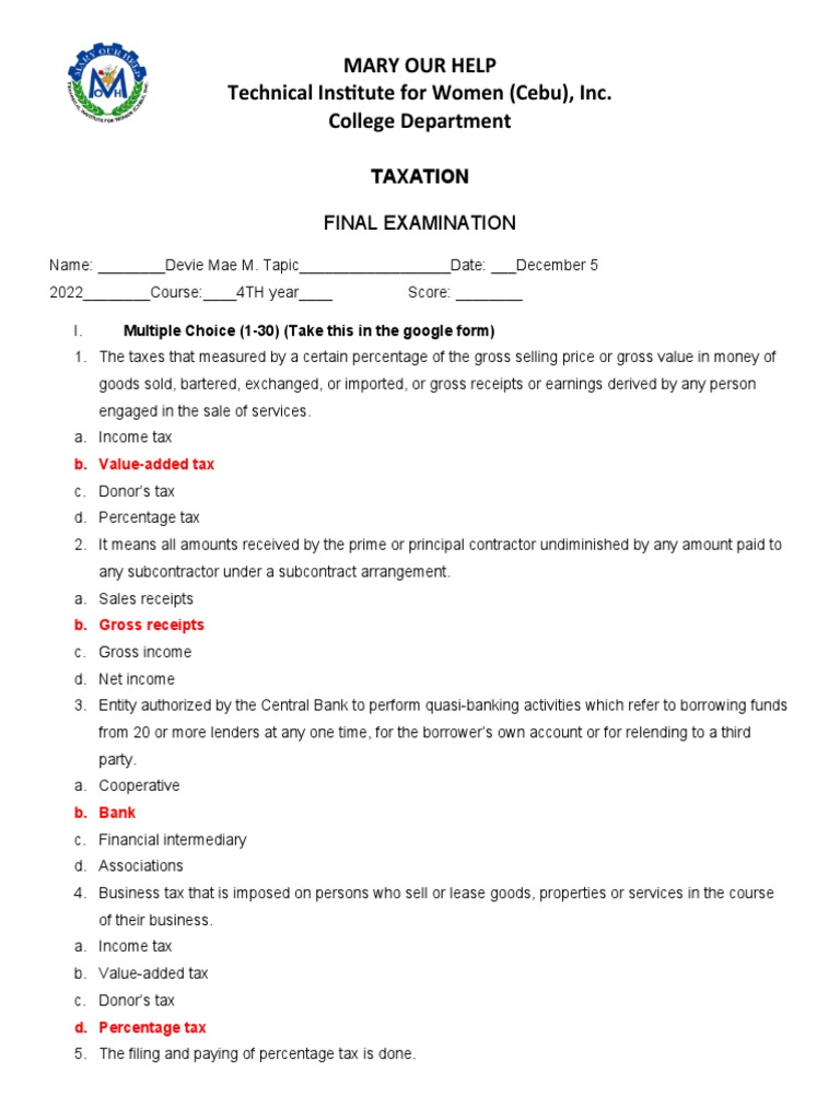 FINAL EXAM - TAXATION For Exam | PDF | Taxes | Value Added Tax