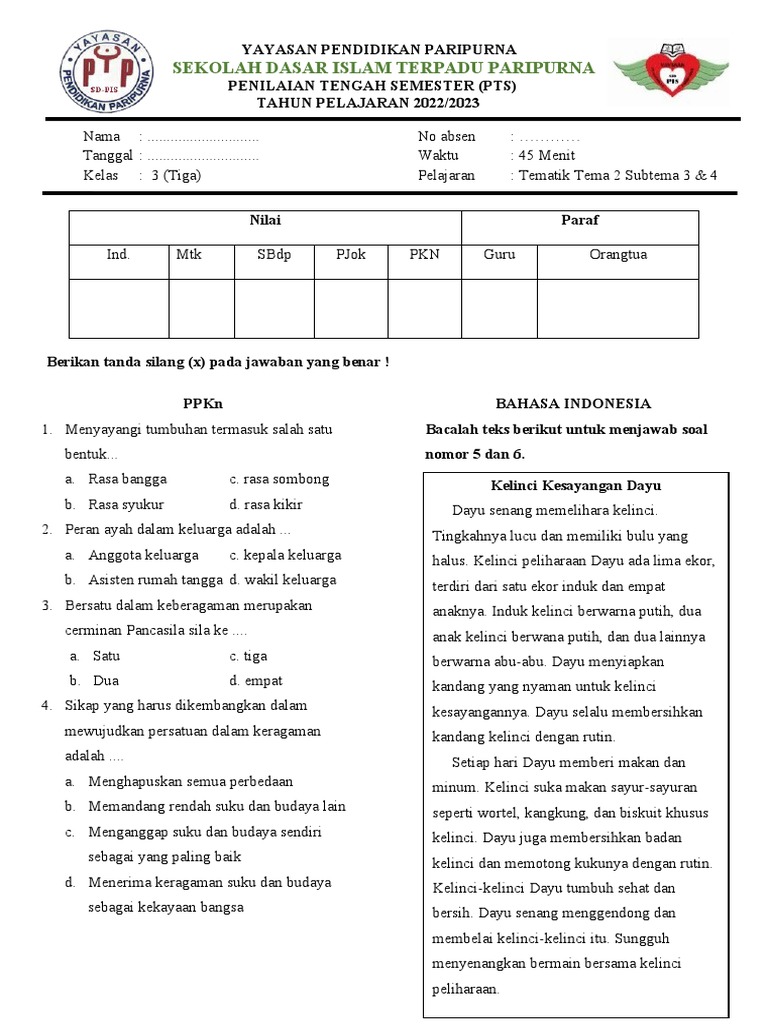 PTS Tema 2 ST 3 & 4 (Kelas 3) | PDF