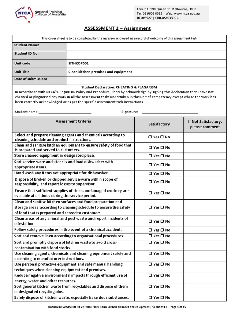 SITHKOP001 Kitchen Cleaning Assessment | PDF | Recycling | Dishwasher
