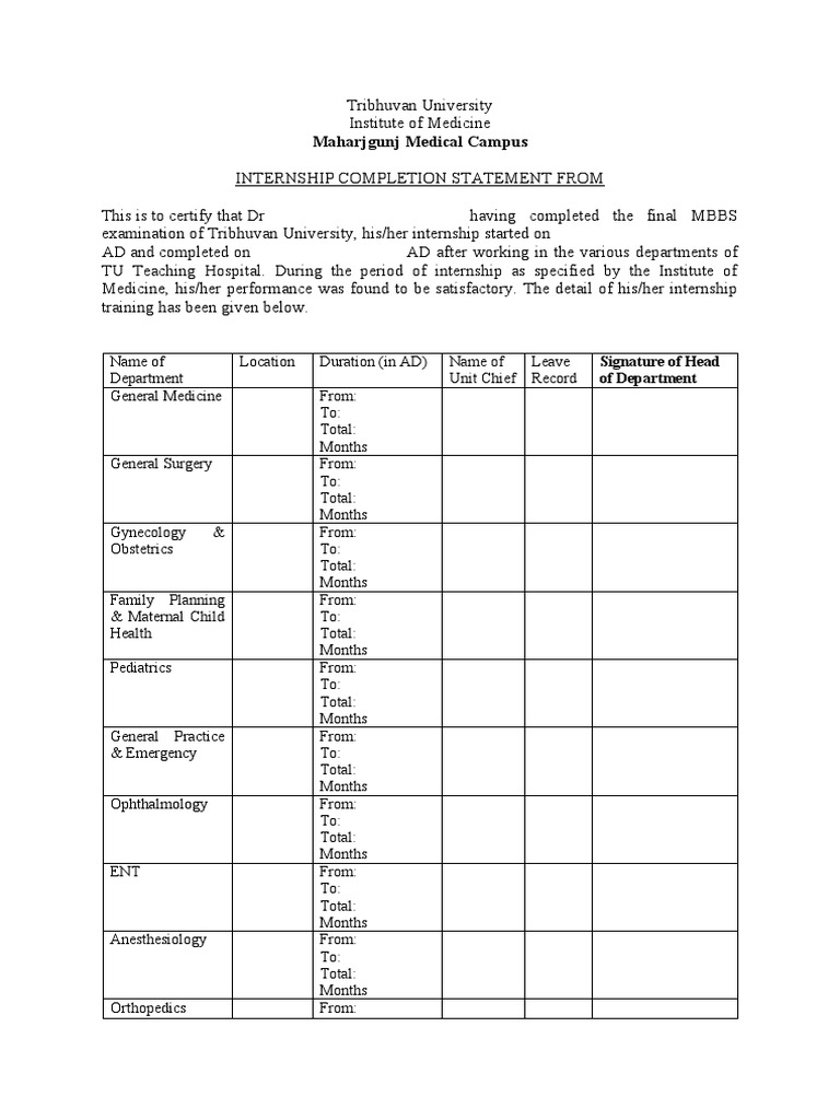 Internship Completion Certificate TU Teaching Hospital | PDF