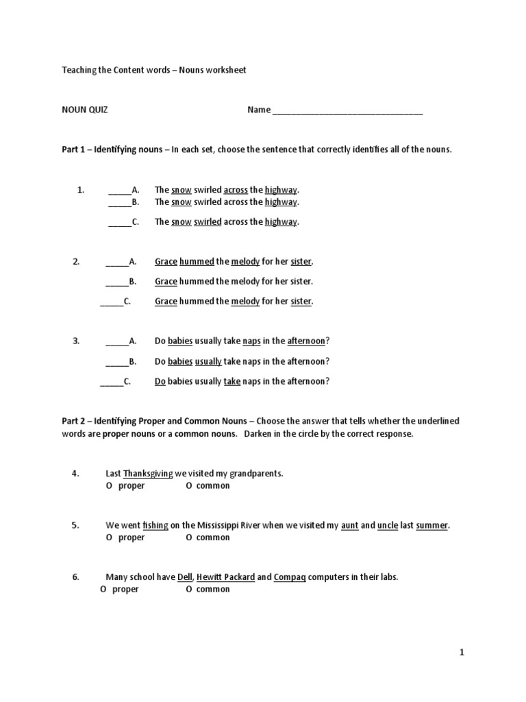 Noun Identification Worksheet Quiz | PDF | Morphology | Grammar