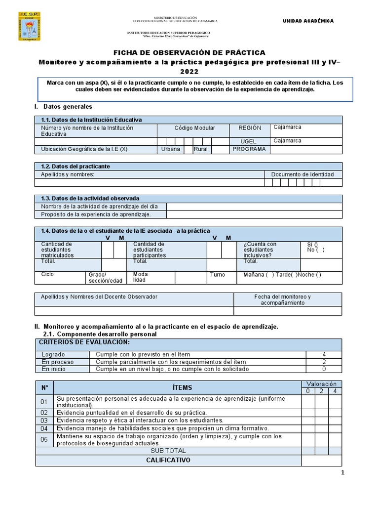 Ficha de Observación de Práctica | PDF | Aprendizaje | Evaluación