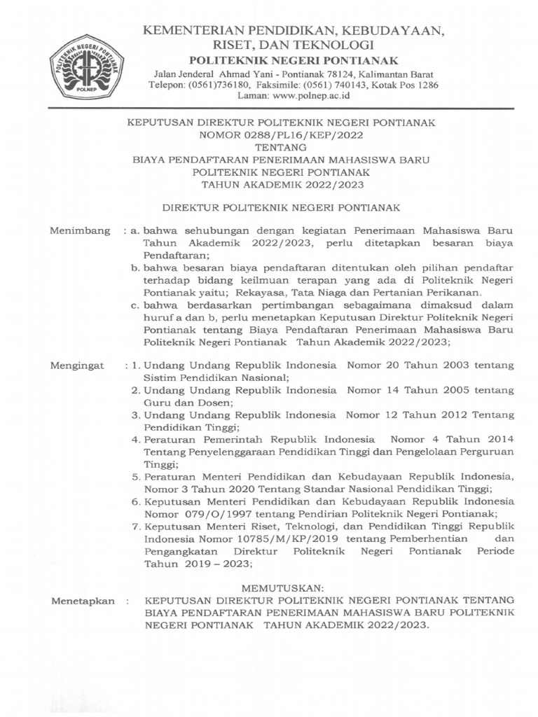 2022-0288 Biaya Pendaftaran PMB 2022 | PDF