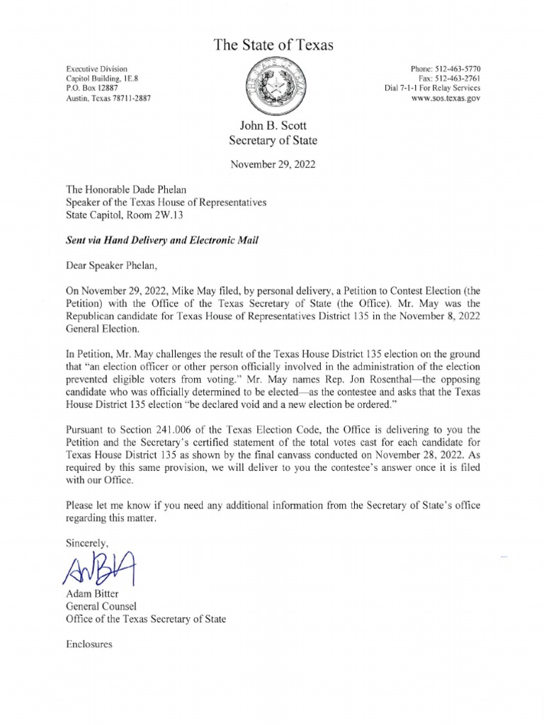Texas SOS Scott Letter To Speaker Phelan | PDF