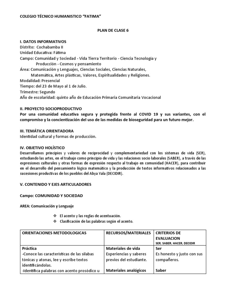 Plan de Clase 6 | PDF | Evaluación | Educación primaria