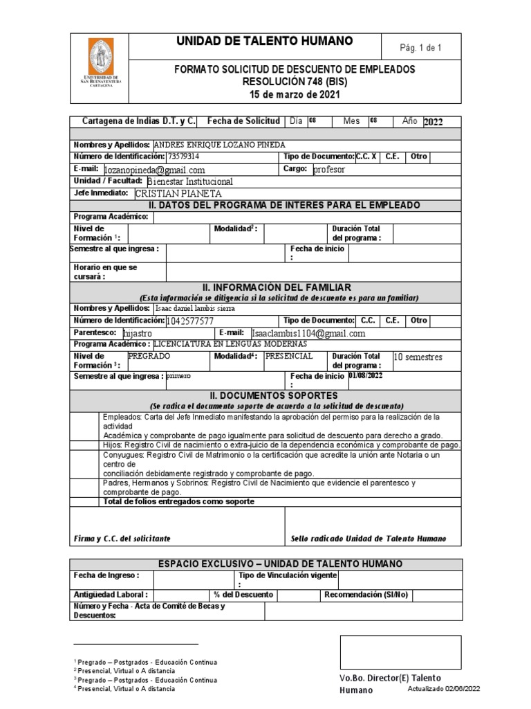 Solicitud Descuento Empleados 2022 | PDF