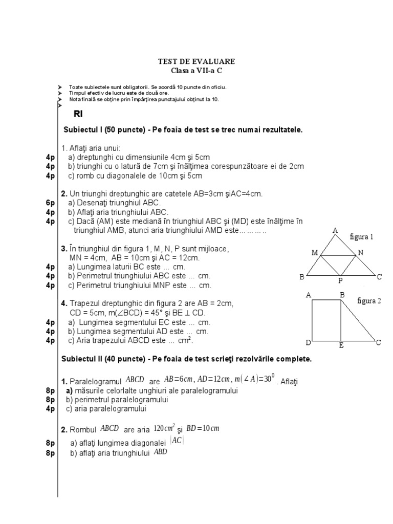 TEST DE EVALUARE Patrulatere Si Arii | PDF