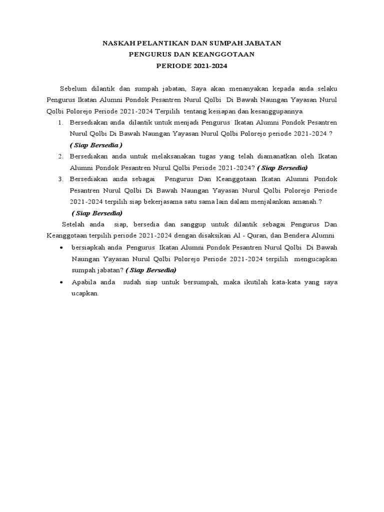 Naskah Pelantikan Pengurus Alumni 2021 | PDF