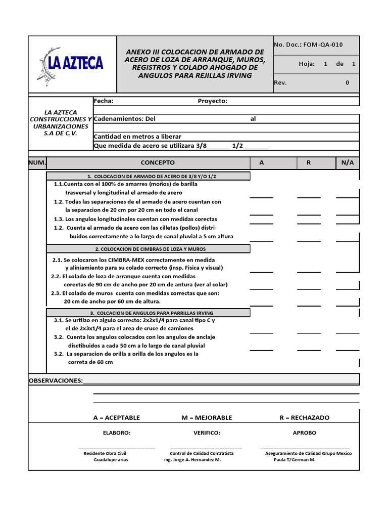 Fom-Qa-010 Colocacion de Armado de Acero de Loza de Arranque, Muros, Registros y Colado Ahogado ...