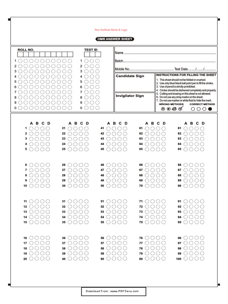 Omr Sheet 100 Questions Black and White By. PDFSeva - Com - (1) KKKKKK Aaa | PDF | Optical ...