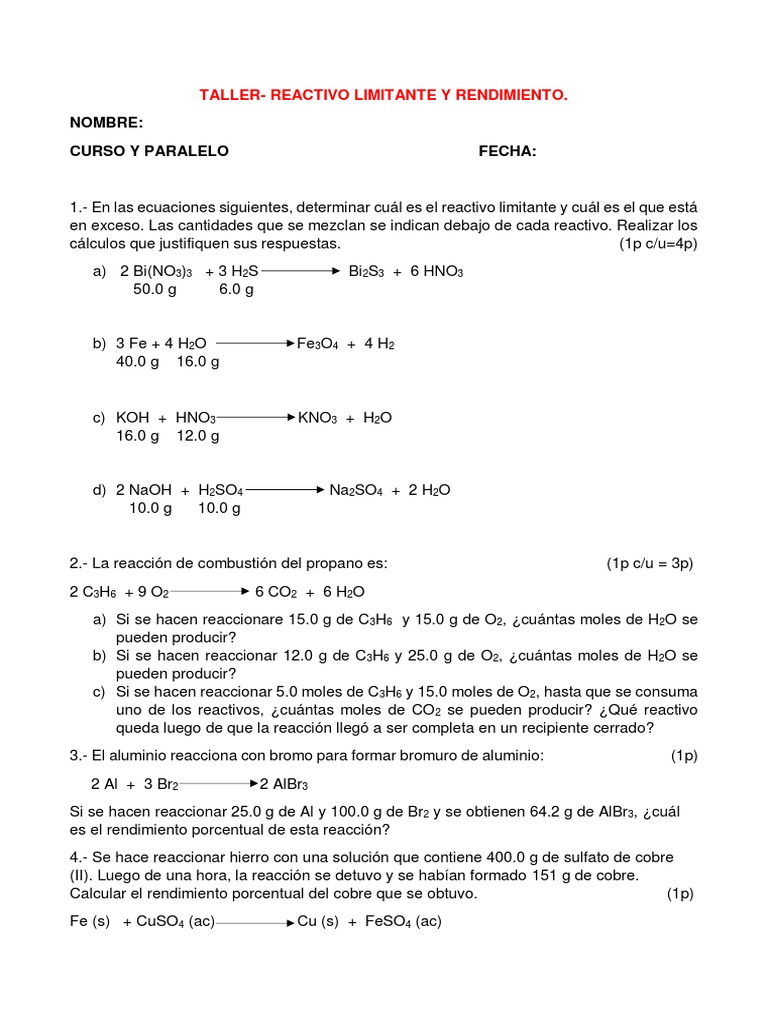 Taller-Reactivo Limitante y Rendimiento | PDF