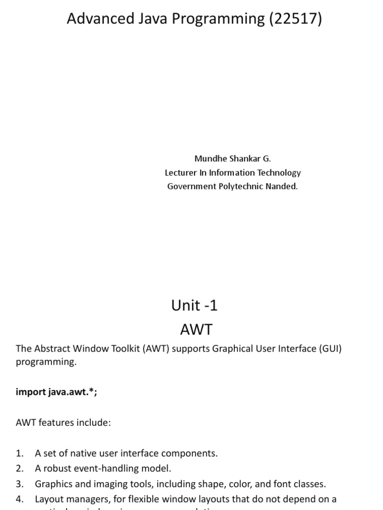 Unit-1 Awt | PDF | Window (Computing) | Class (Computer Programming)