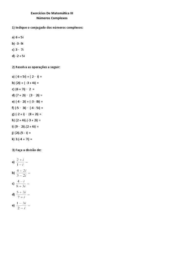 Lista de Exercicios de Numeros Complexos | PDF