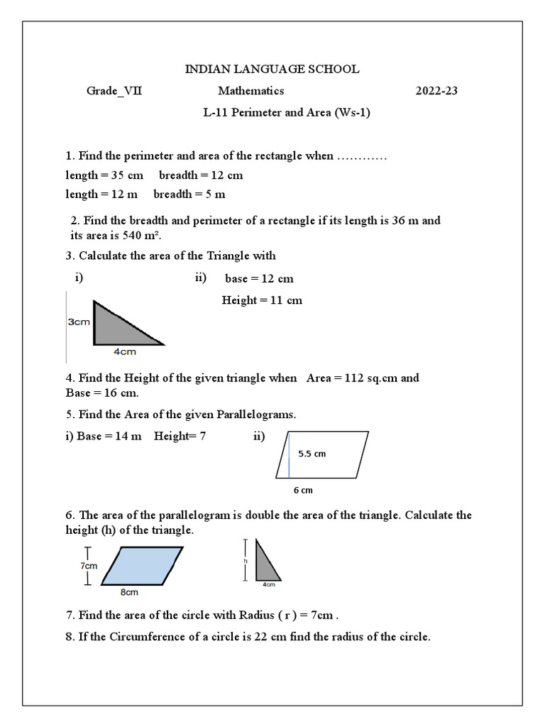 GR VII Math Ch11 Ws1 | PDF