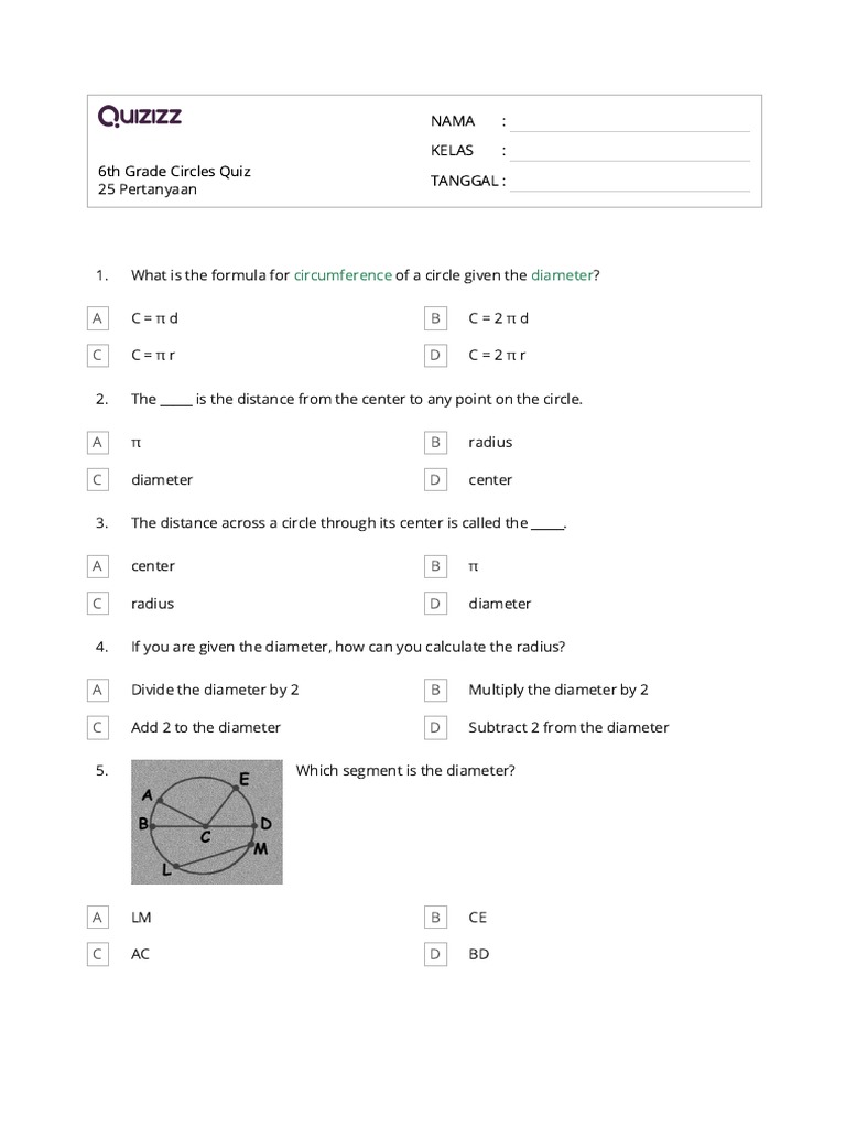 6th Grade Circles Quiz | PDF | Area | Elementary Mathematics
