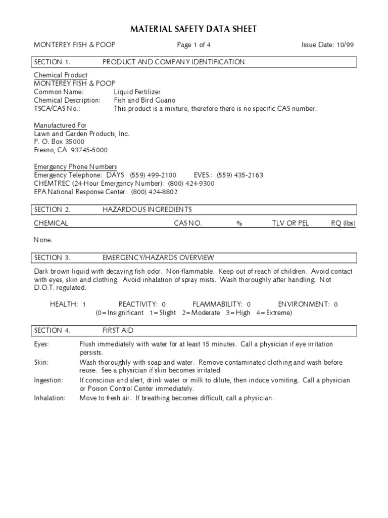 Fish Poop Msds | PDF | Water | Occupational Safety And Health