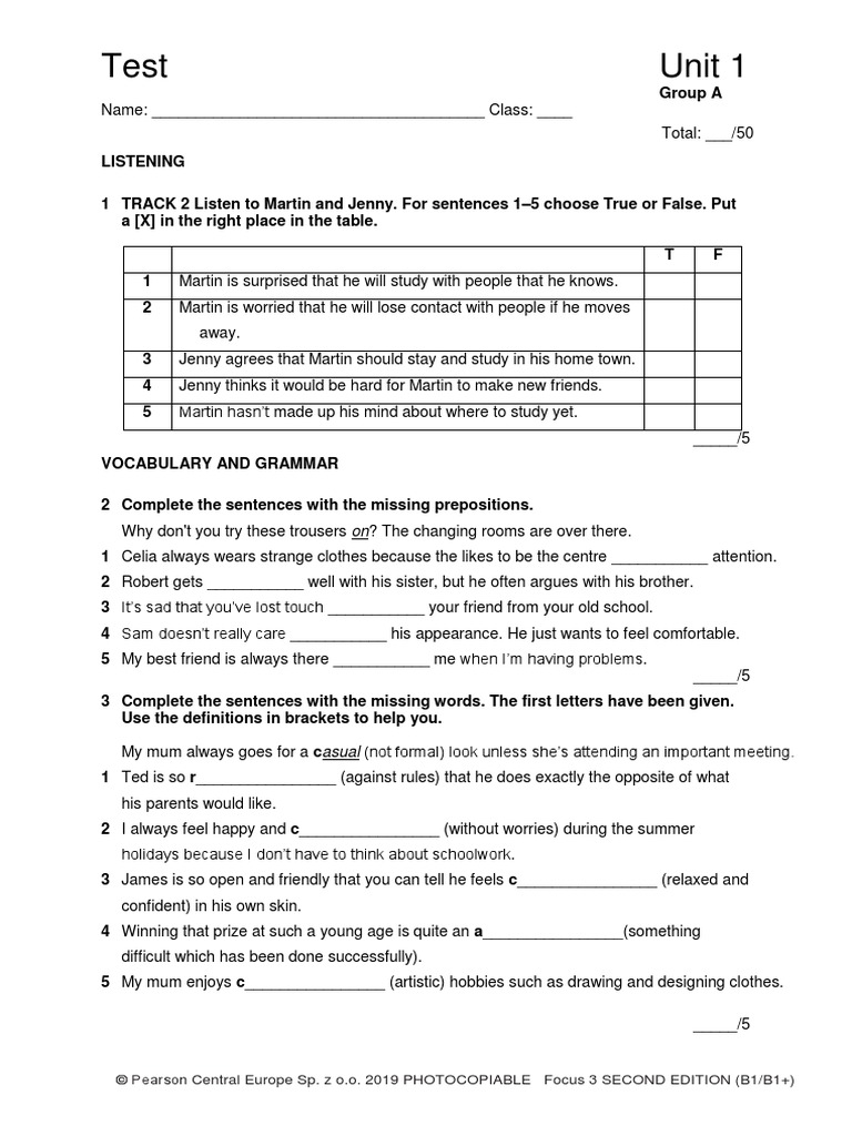 Focus3 2E Test Unit1 GroupA 1kol | PDF