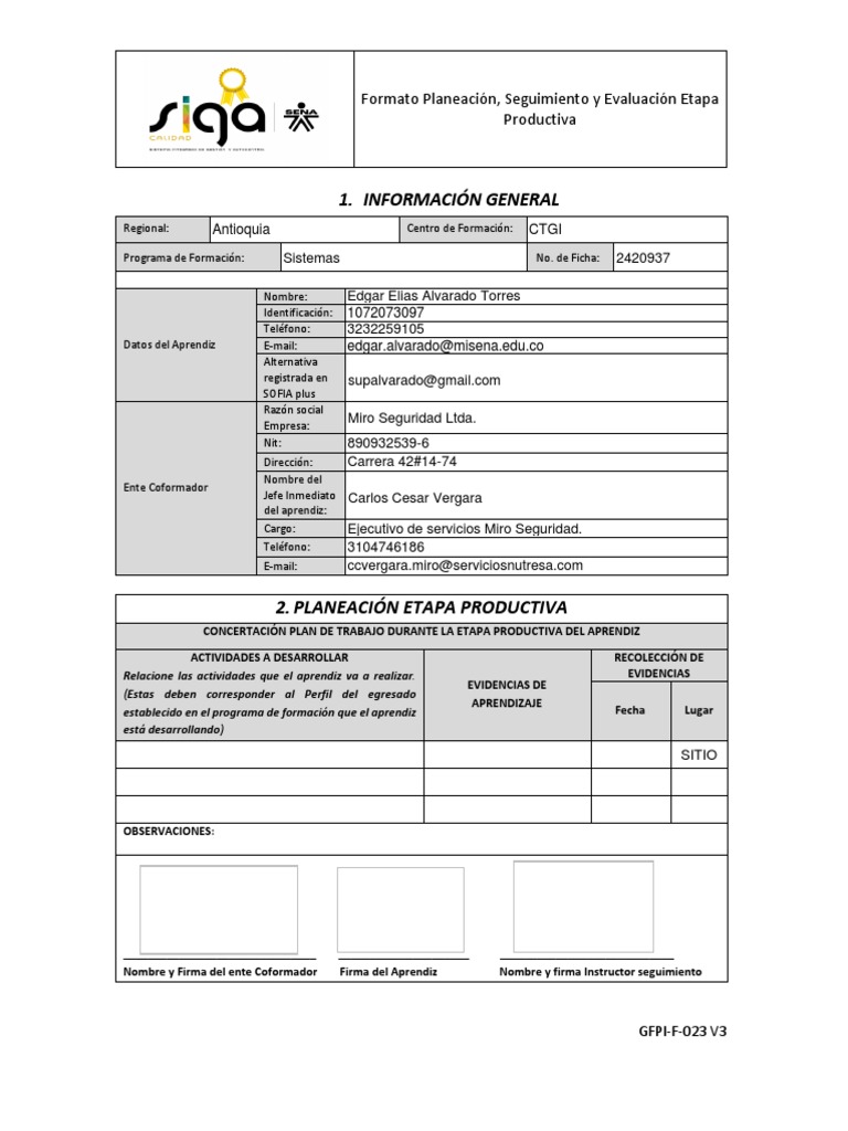 Gfpi-F-023 - Formato Seg Etapa Productiva V4 Completa | PDF ...