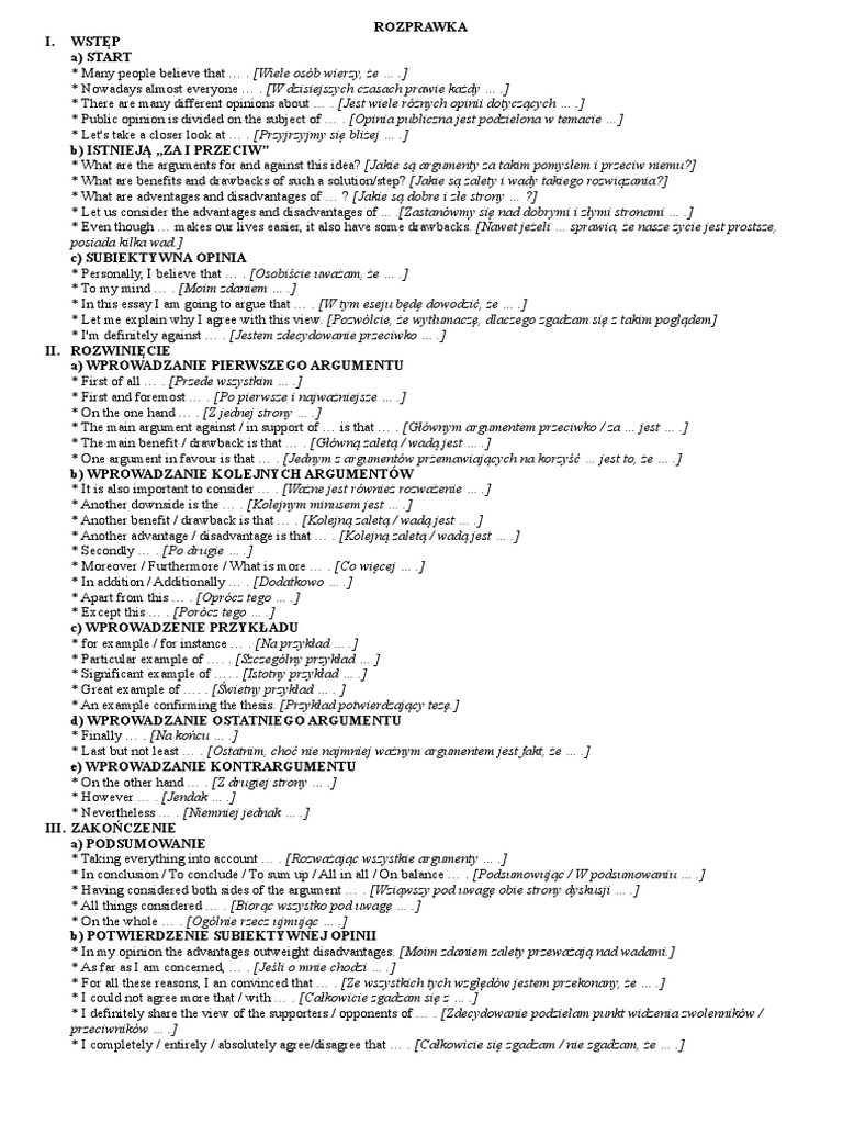Angielski Rozprawka Zwroty | PDF