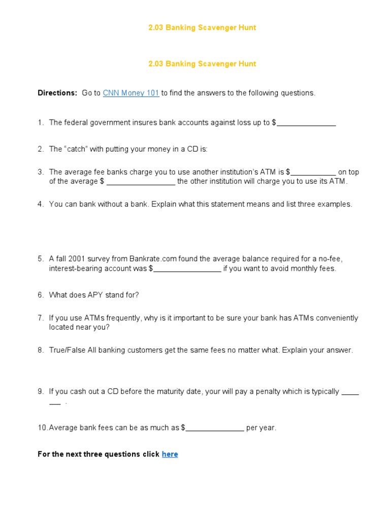 2.03 Banking Scavenger Hunt | PDF