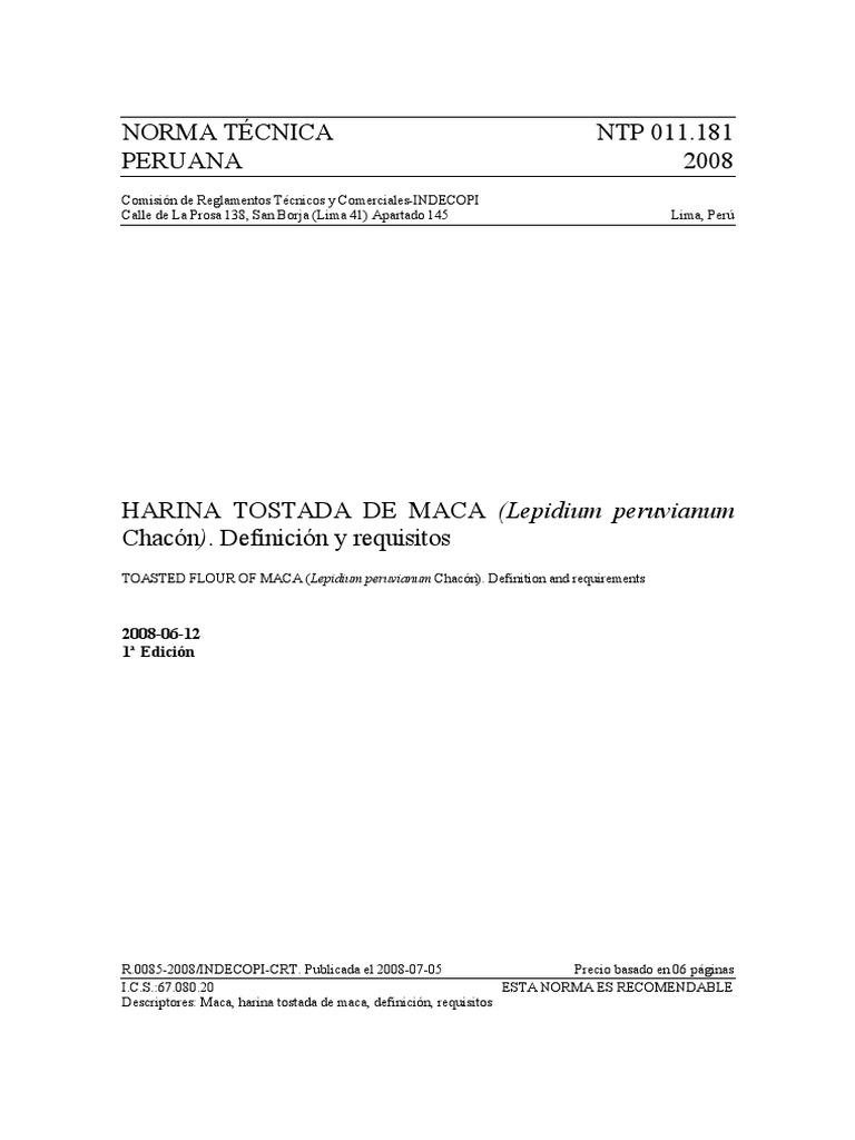 NTP Harina de Maca | PDF | Alimentos | Nutrición