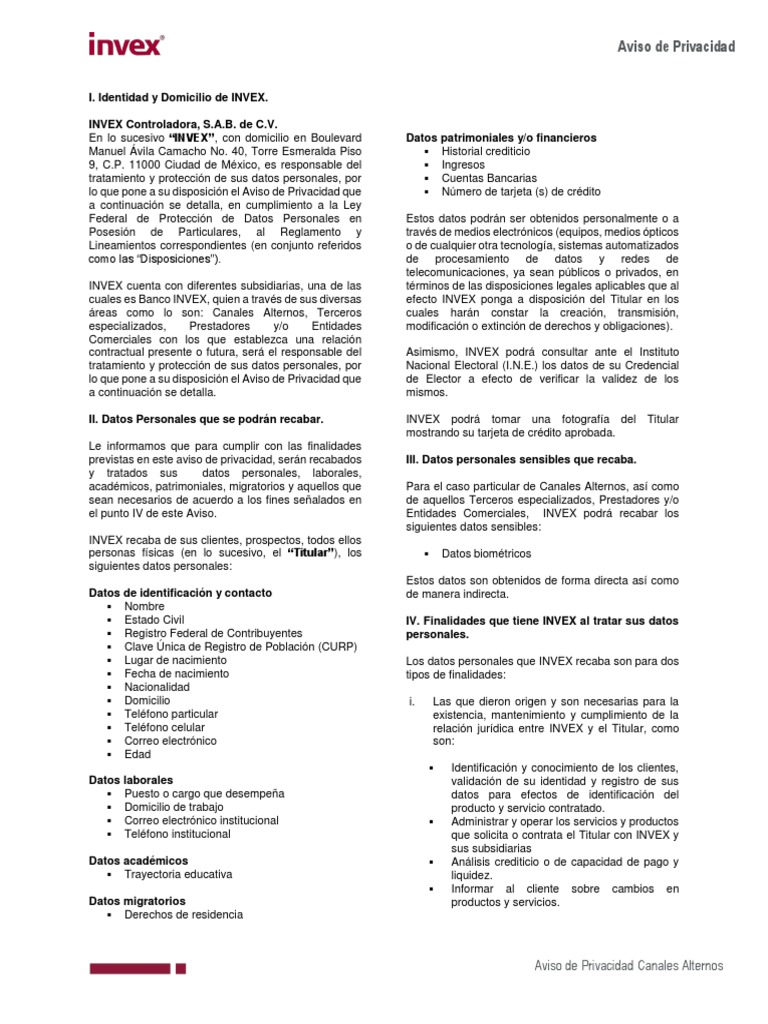 Aviso Privacidad Banco Pdf