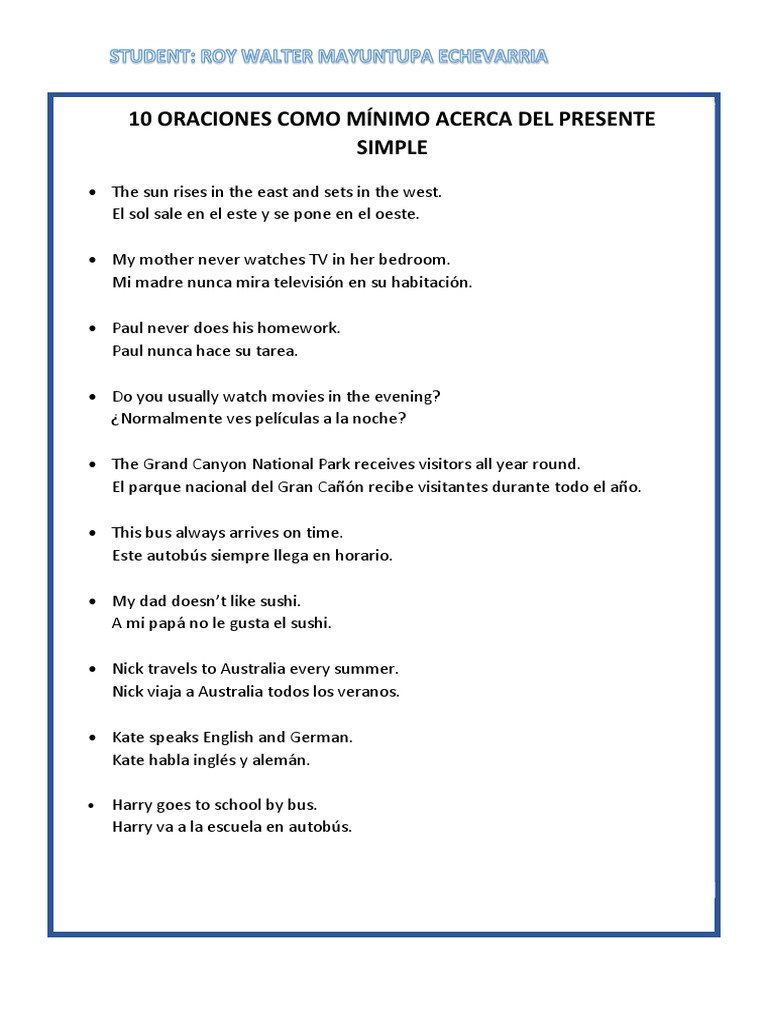 10 ORACIONES PRESENTE SIMPLE | PDF