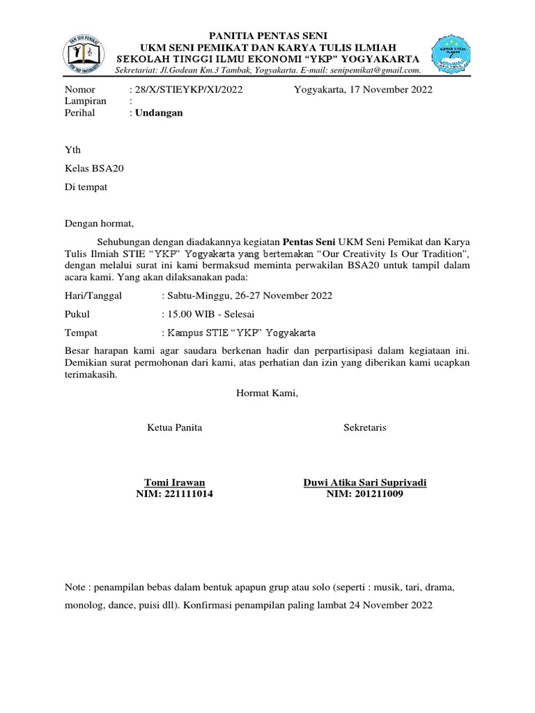 Surat Undangan BSA20 Pentas Seni | PDF