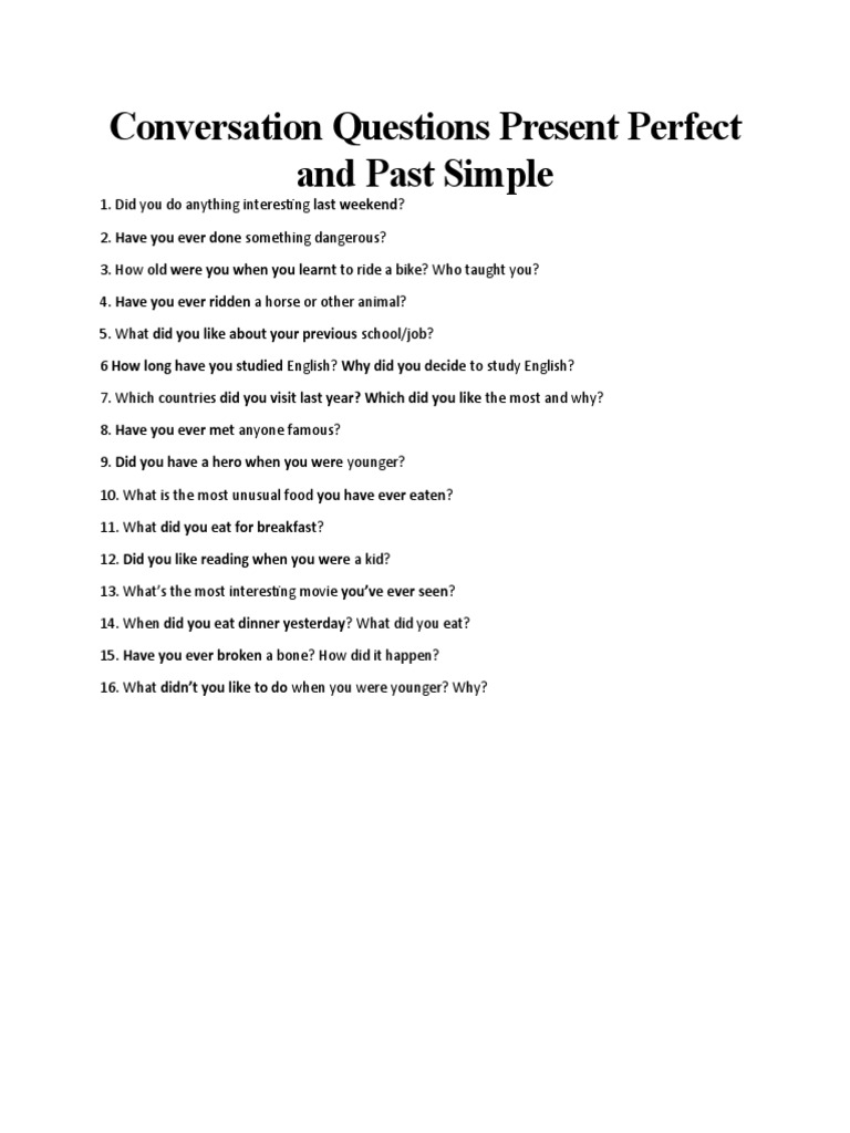 Conversation Questions Present Perfect and Past Simple | PDF | Language ...