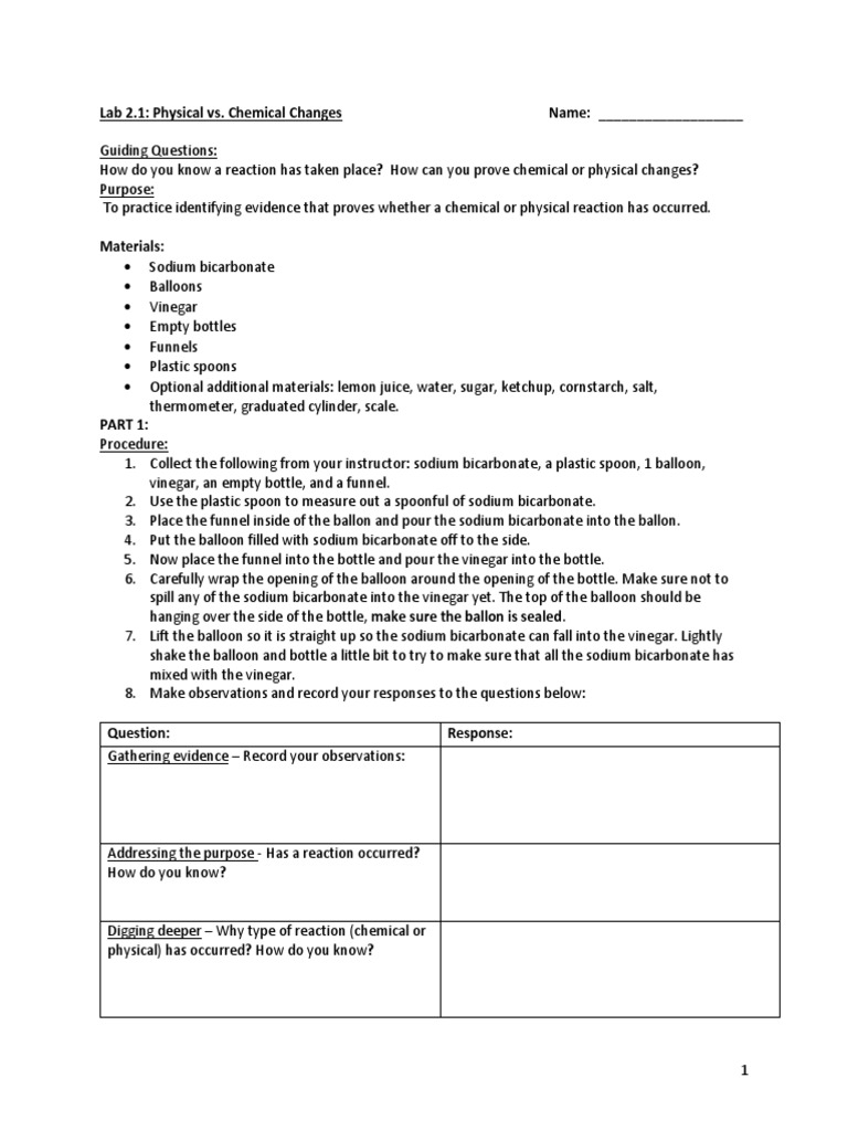 Lab 2.1: Physical vs. Chemical Changes Name | Download Free PDF ...