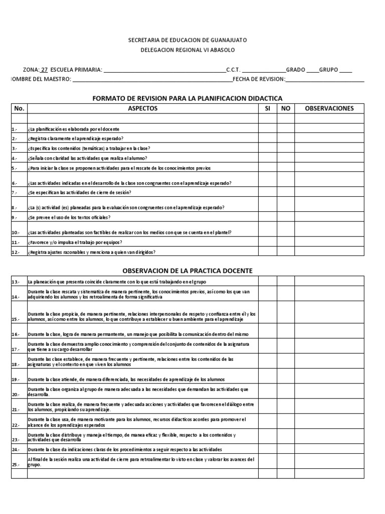 Formato de Revision para La Planificacion Didactiva | PDF