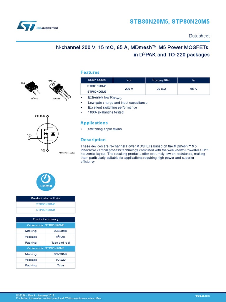 N-Channel 200 V, 15 Mω, 65 A, Mdmesh™ M5 Power Mosfets Ind Pak And To ‑220 Packages | PDF
