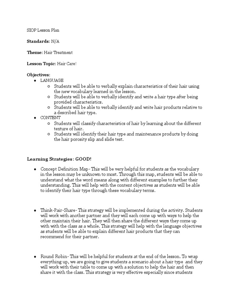 Hair Lesson Plan | PDF | Hair | Cognition