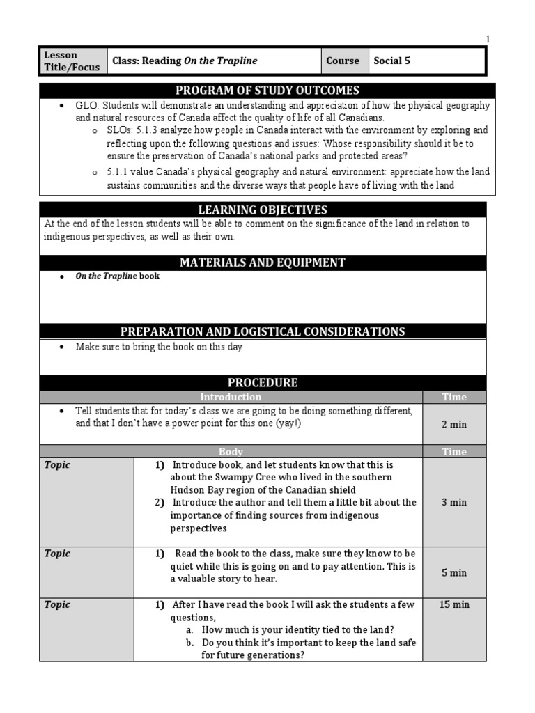 On The Trapline Lesson Plan | PDF | Canada | Indigenous Peoples