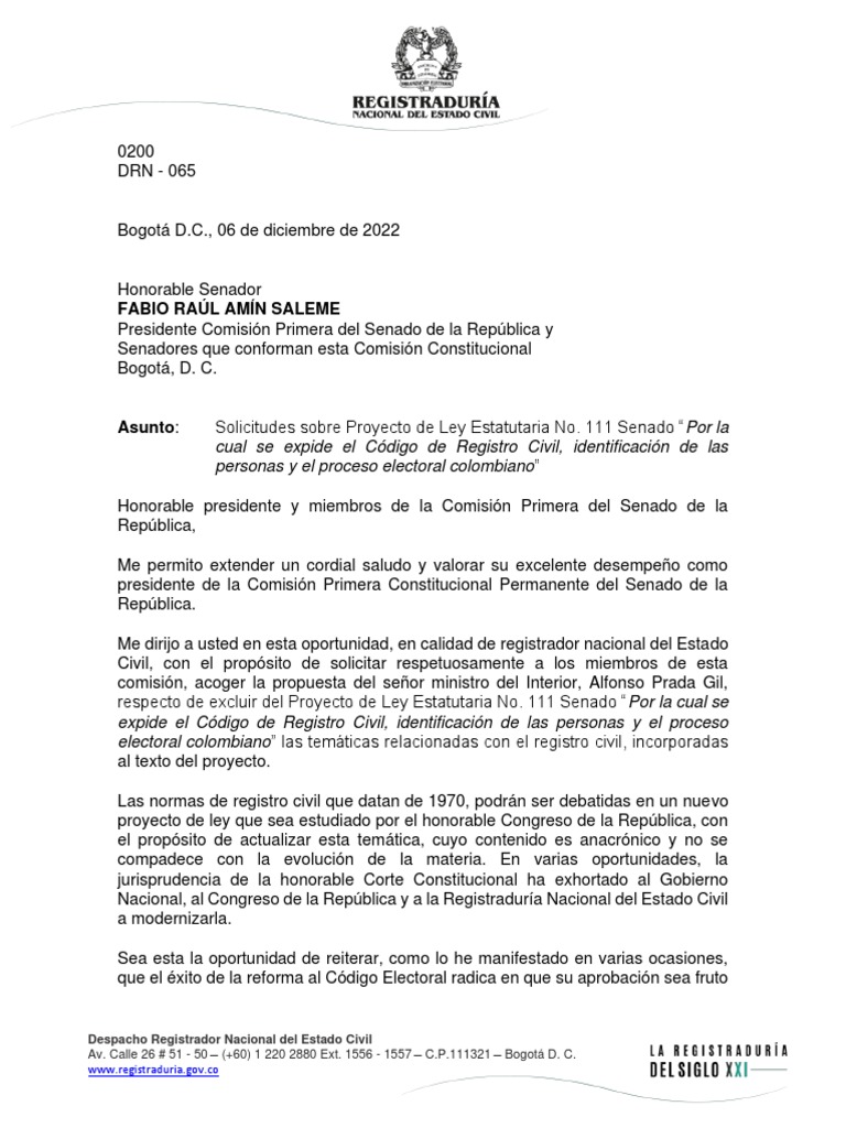 Carta Al Presidente Comisión Primera Senado | PDF | Ley Pública ...