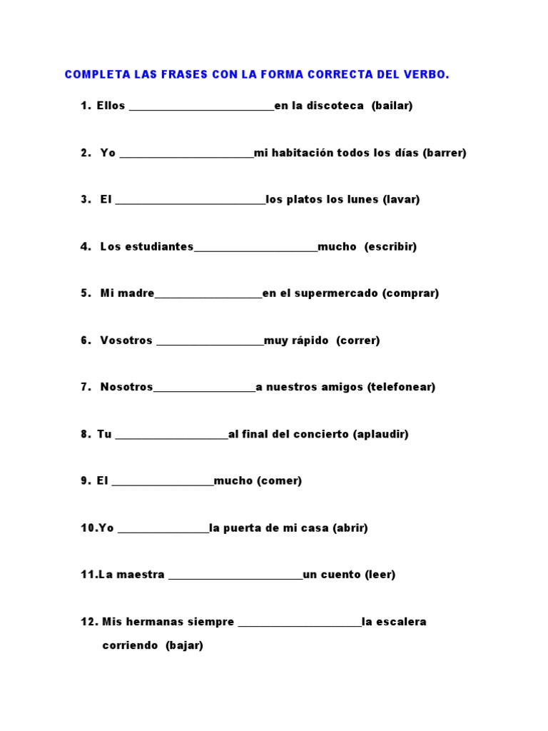 Ejercicio Sencillo Verbos Regulares Presente | PDF | Artes del Lenguaje ...
