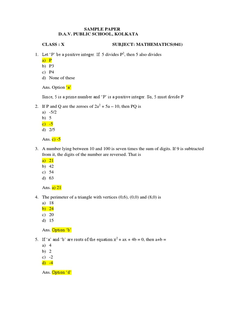 MATHEMATICS Sample Paper For 10 (D.A.V. PUBLIC SCHOOL, KOLKATA) | PDF