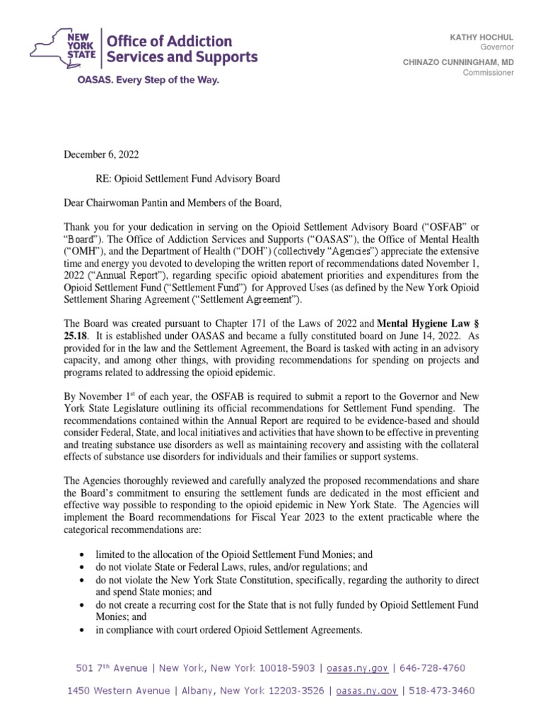 OSFAB Response Letter | PDF | U.S. State | Substance Use Disorder