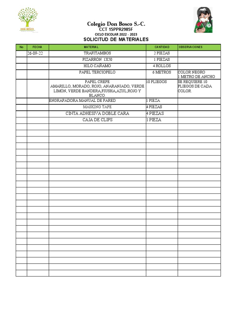 Formato Solicitud de Materiales Primaria | PDF