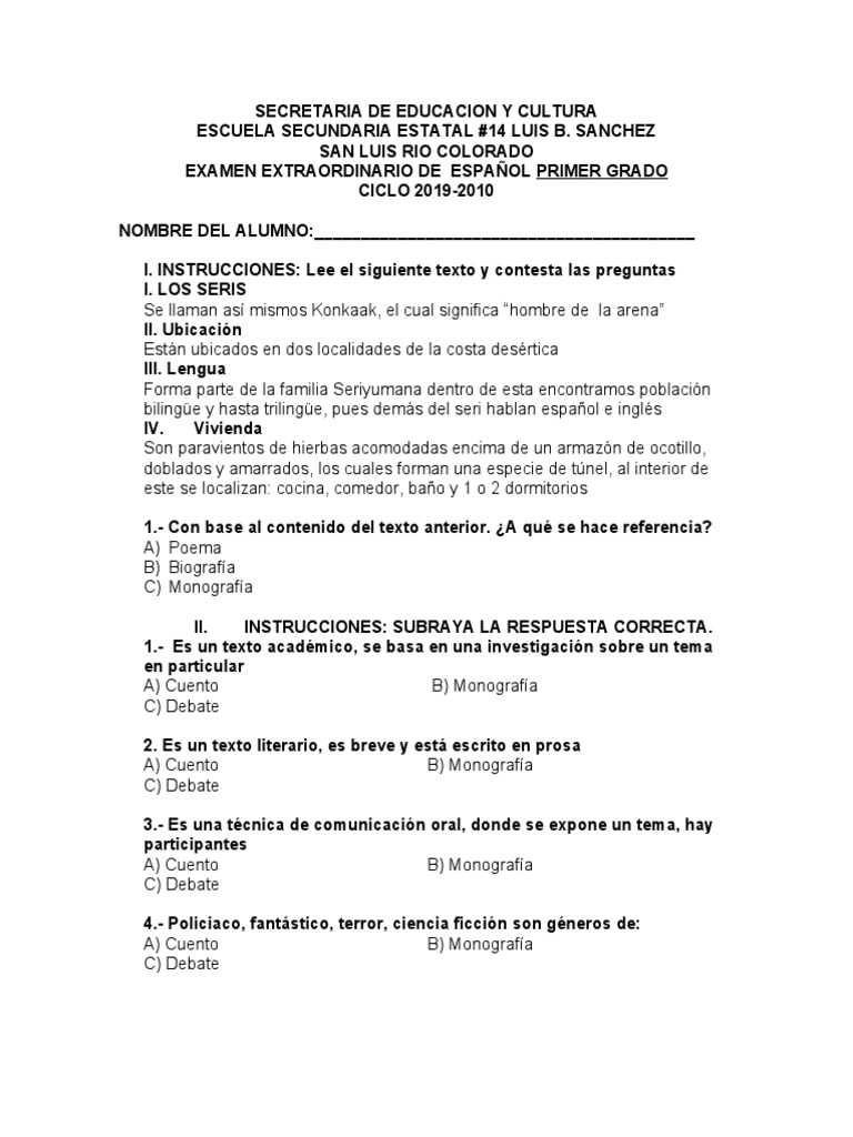ESPAÑOL 1° Y 2° - Examen | PDF | Cuentos | Lingüística