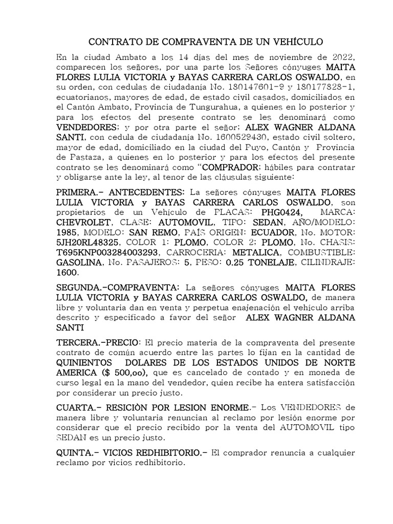 Contrato de Compraventa de Un Vehículo | PDF | Derecho