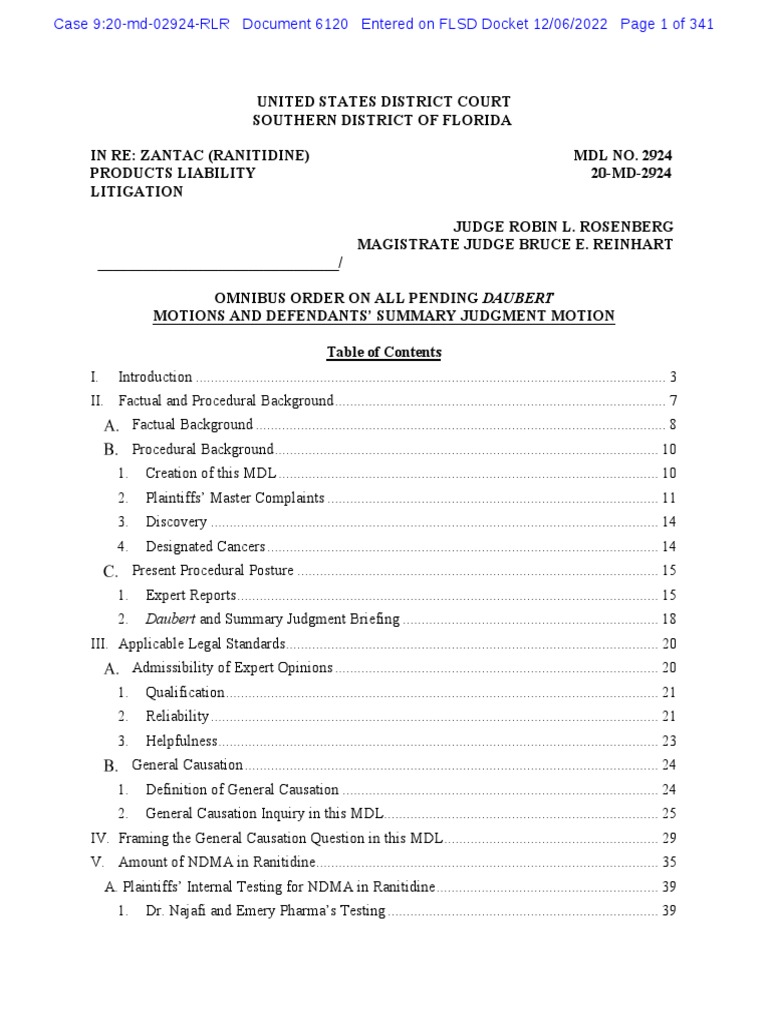 Zantac Order 6 Dec 22 | PDF | Daubert V. Merrell Dow Pharmaceuticals ...