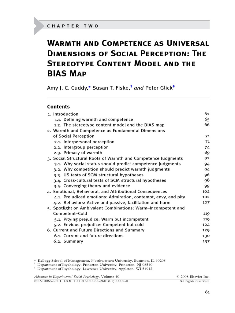 Warmth and Competence As Universal Dimensions of Social Perception: The ...