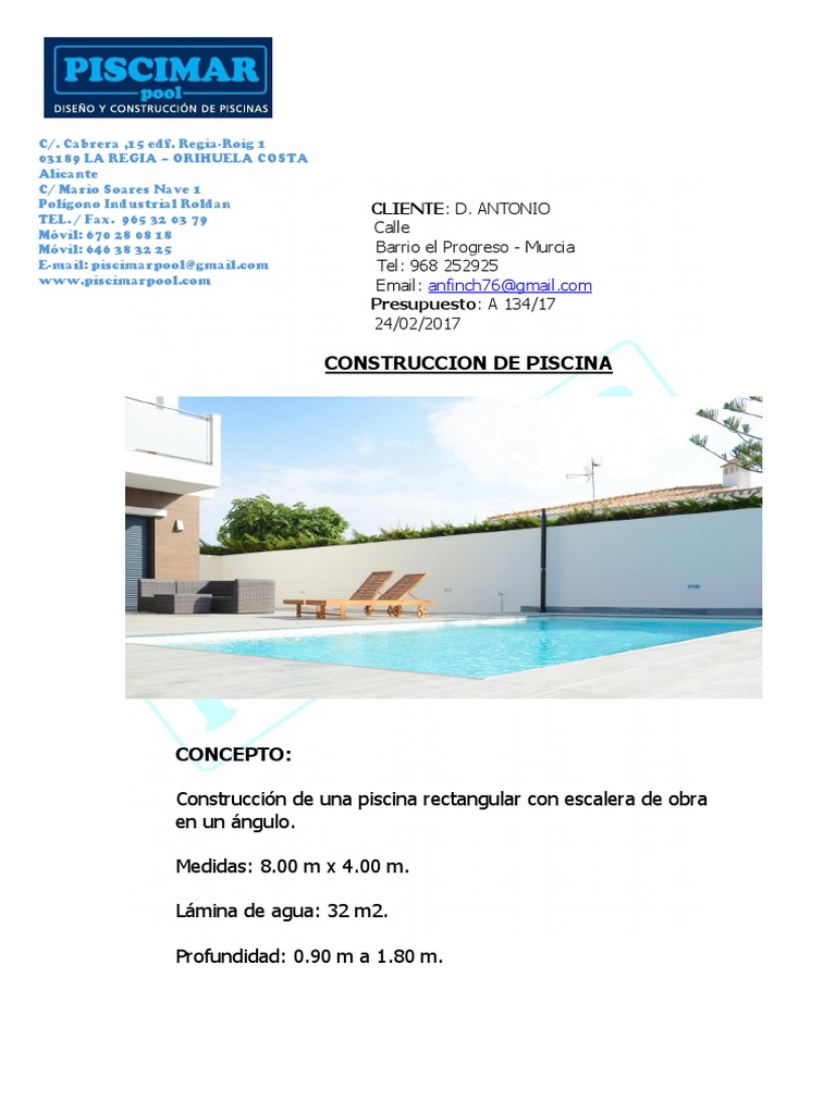 Presupuesto detallado para la construcción de una piscina rectangular de 8x4 metros | PDF ...