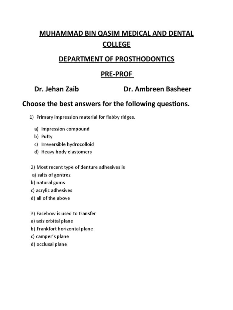 Prosthodontics Bcqs | PDF | Dentures | Dental Implant