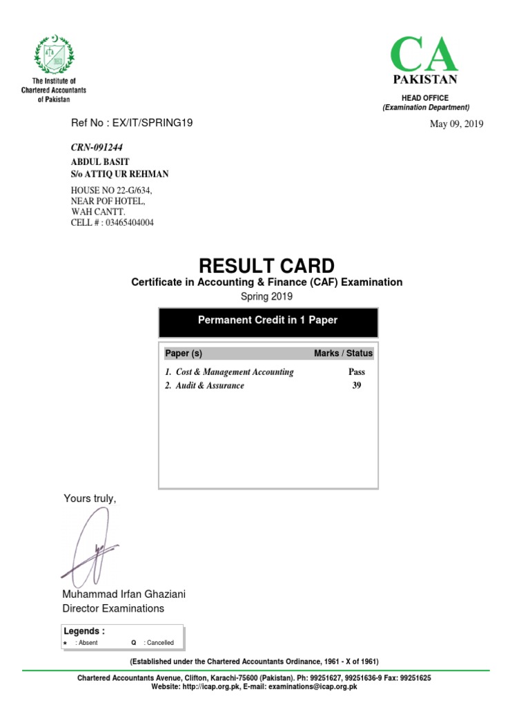 ICAP Result Card-1 | PDF
