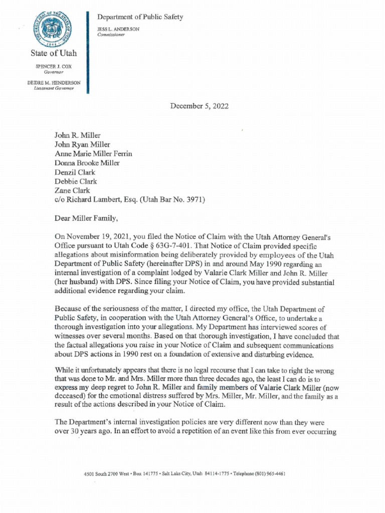 Utah DPS Letter To Miller Family | PDF
