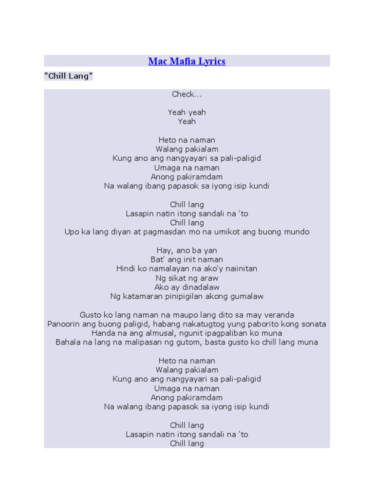 Chill Lang Mac Mafia Lyrics | PDF