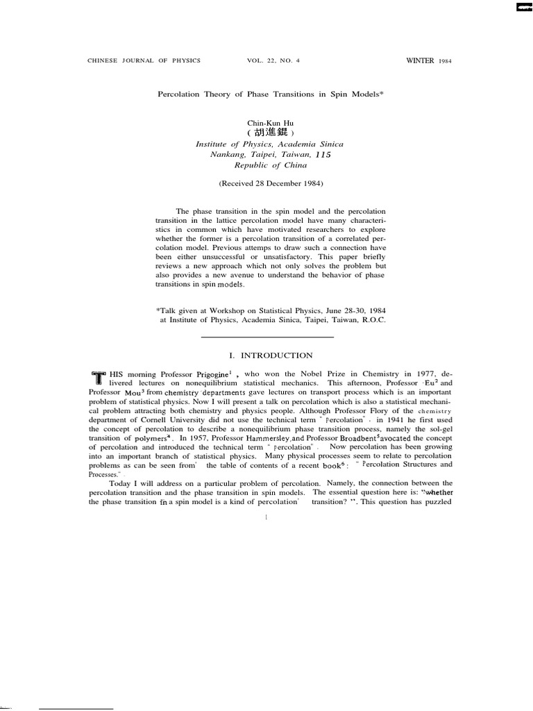 Percolation Theory of Phase Transitions in Spin Models | PDF | Phase Transition | Condensed Matter